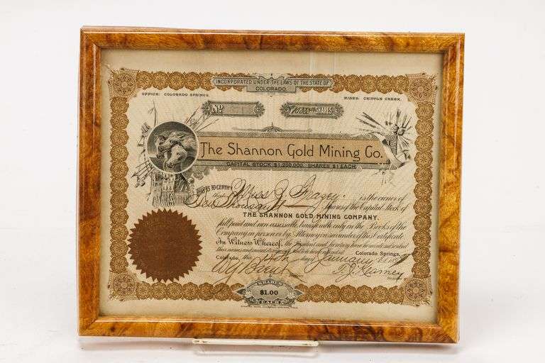 1896 Mining Certificate; "The Shannon Gold Mining Co." Colorado Springs ...