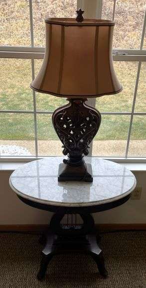 Victorian Harp Parlor Table & Lamp - Auction Ohio