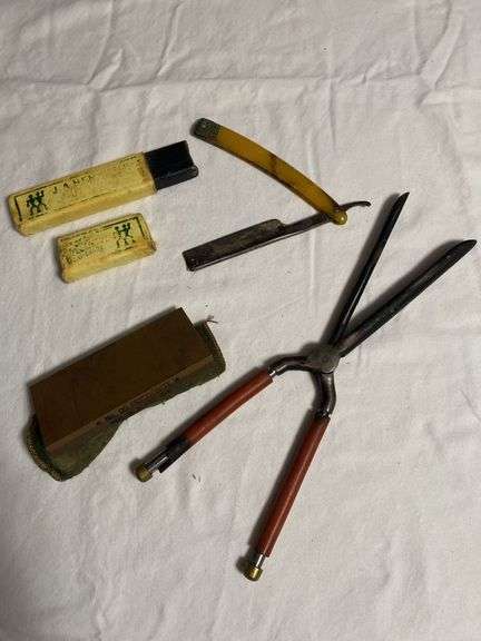 Antique razor, frictionite block sharpener, and antique metal curling ...