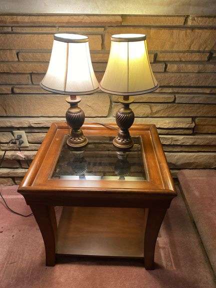 Wood glass top side table and two matching lamps - Auction Ohio