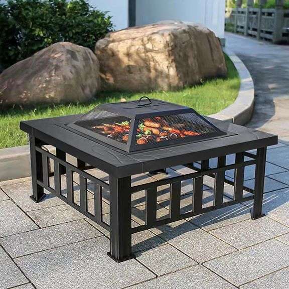 32" Wood Burning Fire Pit Table w/ Screen Lid, Poker, BBQ Net, Ice Tray ...