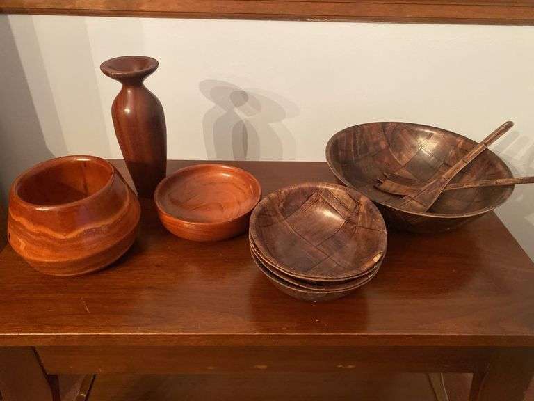 Vintage wood salad bowl with tongs and four bowls – three handmade wood ...