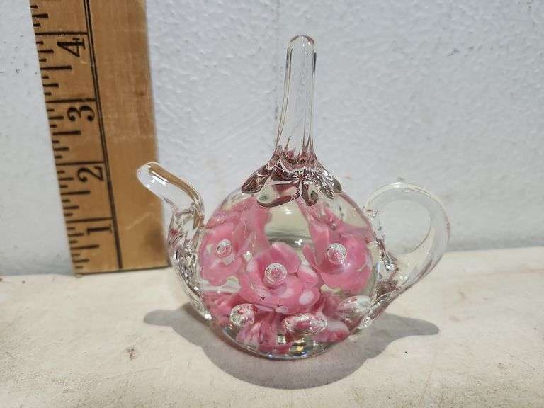 Hand Blown Glass Pink Flower Teapot Paperweight - Auction Ohio