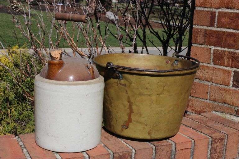 Stoneware Jug & Brass Bucket - Auction Ohio