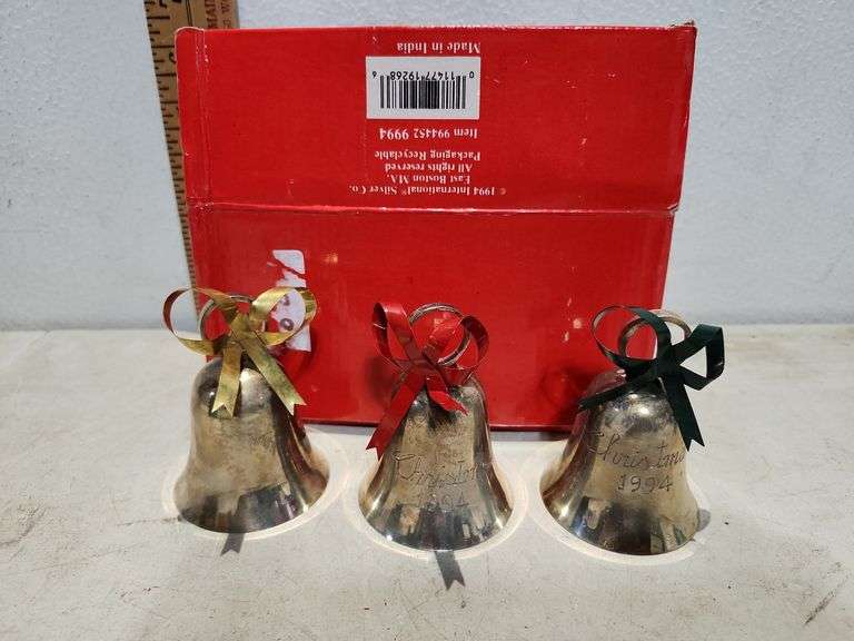 1994 Silver Plated Set Of 3 Bells W/Red,Green, And Golden Bows In Box ...