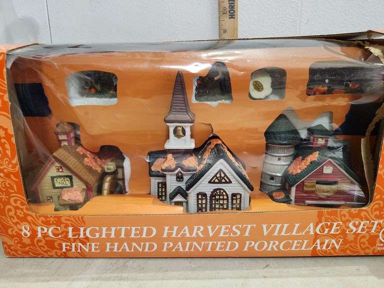 8 Pc. Lighted Harvest Village Set Fine Hand Painted Porcelain - Auction ...