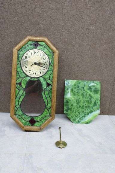 Wood-Framed Wall Clock with Stained Glass Panel and Pendulum - Auction Ohio
