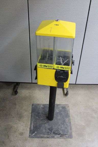 Dual-Compartment Yellow Coin-Operated Vending Machine on Metal Stand ...