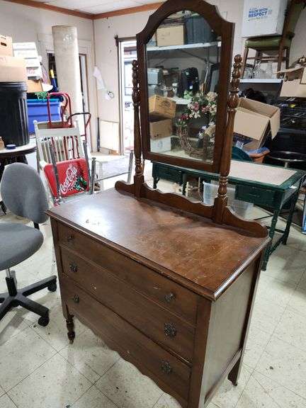 Vintage Wooden 3 Drawer Dresser W/Wishbone Mirror 36''X18''X67.5 ...