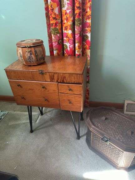 Primitive sewing box w/hairpin legs etc - Auction Ohio
