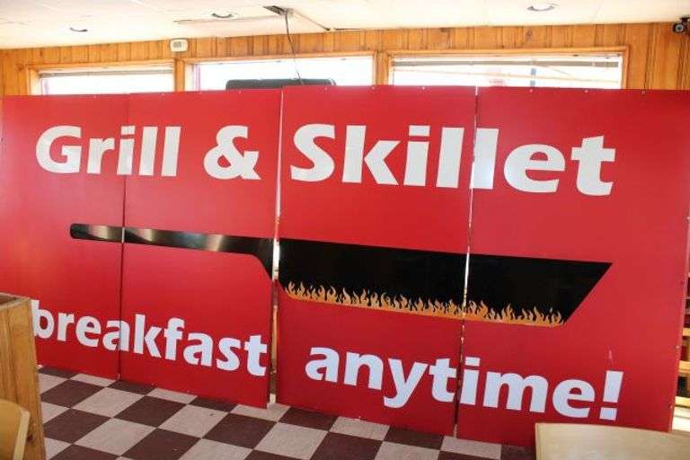 Large Red ‘Grill & Skillet’ Sign with Metal Frame and Plastic Inserts ...