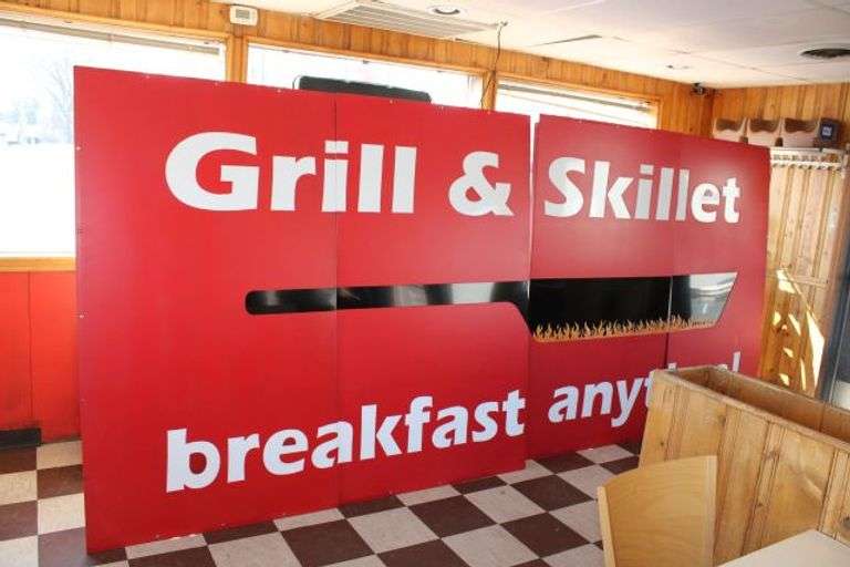 Large Red ‘Grill & Skillet’ Sign with Metal Frame and Plastic Inserts ...