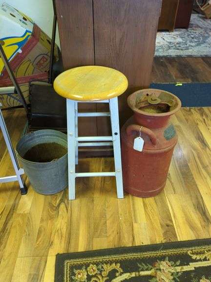 Stool, Antique milk can, bucket - Auction Ohio