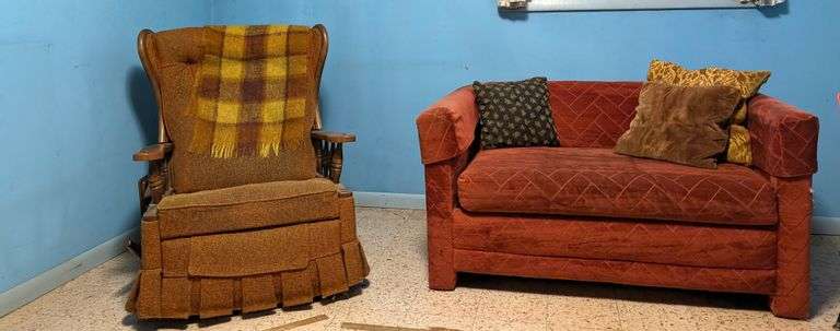 MCM Upholstered Recliner and Small Love Seat with Sofa Bed - Auction Ohio