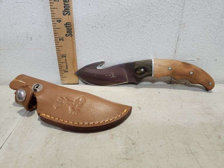 Drop Point Knife W/Gut Hook & Leather Sheath Elk Ridge Blade-3.5 ...