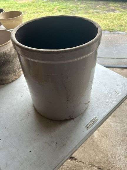 5 Gallon Blue Crown Crock & Assortment of Crocks - Auction Ohio