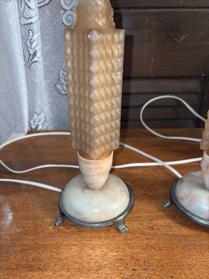 Pair of Art Deco Frosted Glass Bullet Torpedo Lamps on Marble Base ...