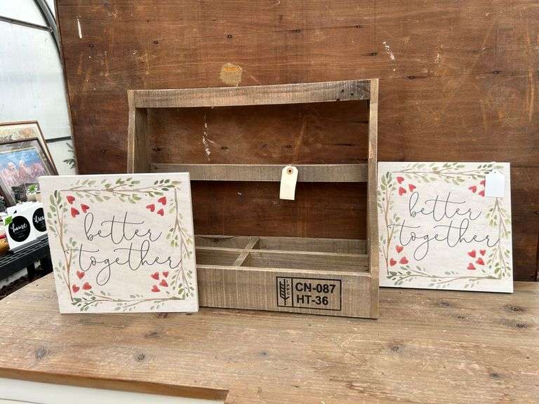 Wooden Shelf with Decorative Signs - Auction Ohio