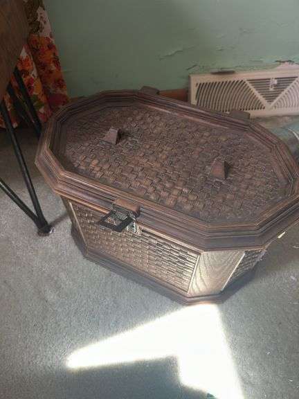 Primitive sewing box w/hairpin legs etc - Auction Ohio