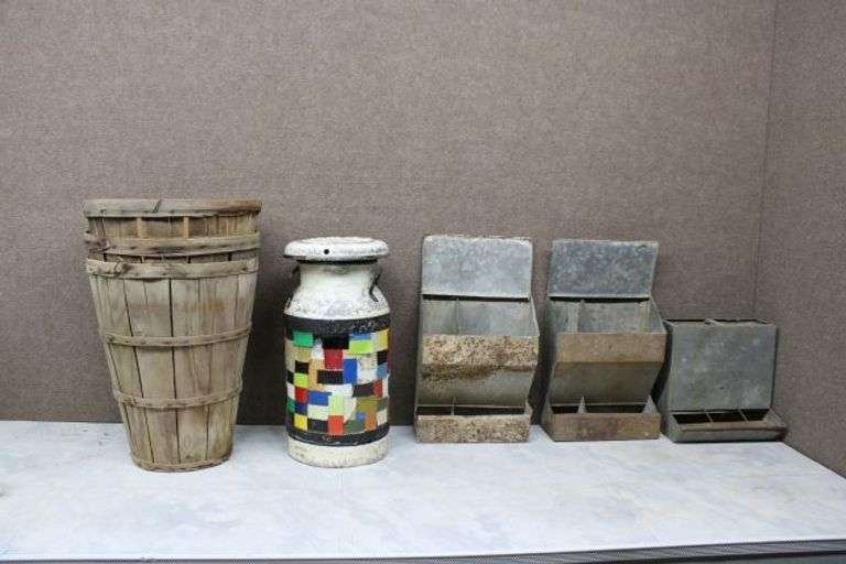 Lot of Rustic Farm Implements Including Wooden Basket, Decorated Milk ...