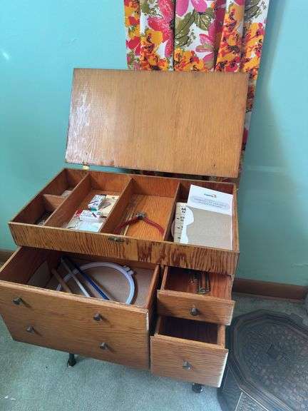 Primitive sewing box w/hairpin legs etc - Auction Ohio