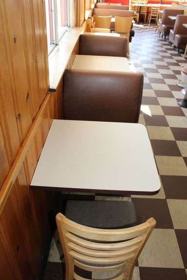 Restaurant Booth Seating with Attached Tables and Wooden Chairs ...