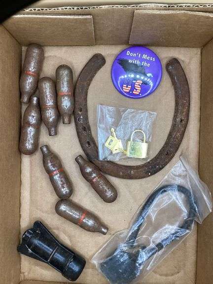 Vintage Mixed Lot – Miniature Bomb Replicas, Horseshoe, Locks, Military ...