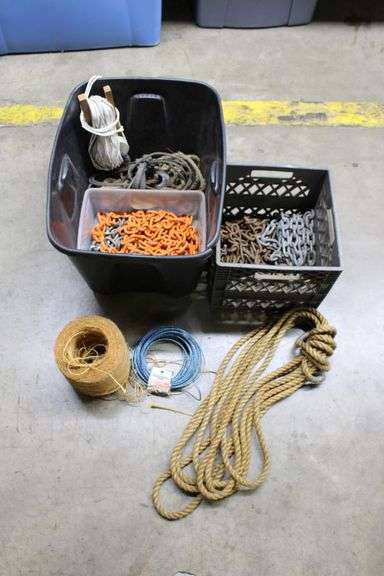 Assorted Chains, Ropes, and Galvanized Wire in Storage Tubs and Crate - Auction Ohio