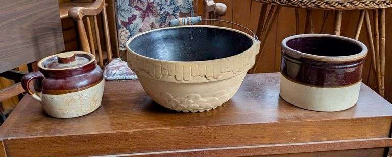 Old stone wear mixing bowl and pottery crocks - Auction Ohio
