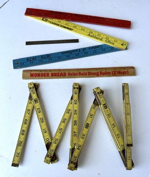 Vintage Wood Advertising Folding Measuring Stick Lot & 6" Metal Measure ...