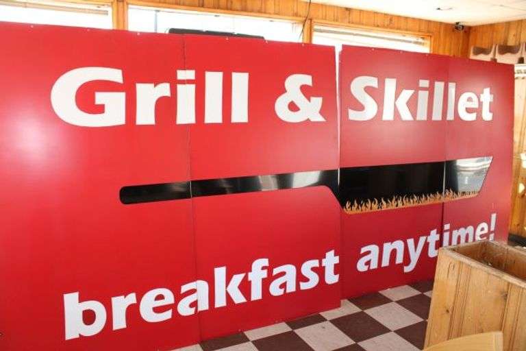 Large Red ‘Grill & Skillet’ Sign with Metal Frame and Plastic Inserts ...