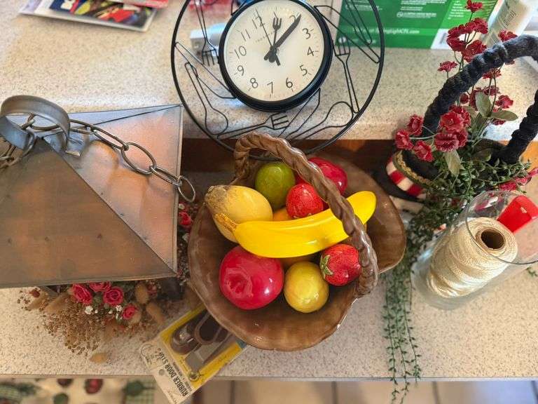 Clock, Ceramic Fruit, and Basket with Decor - Auction Ohio