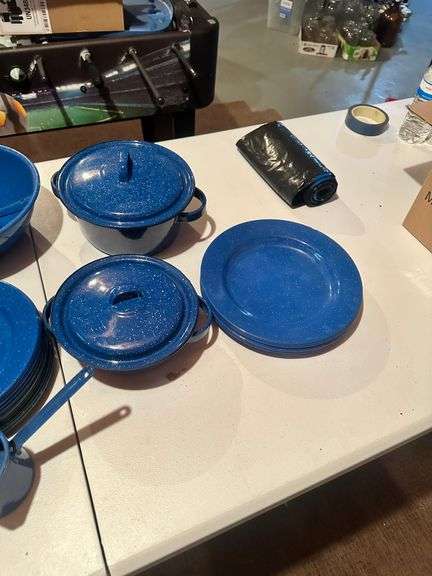 Blue enamel camping cookware set - Auction Ohio