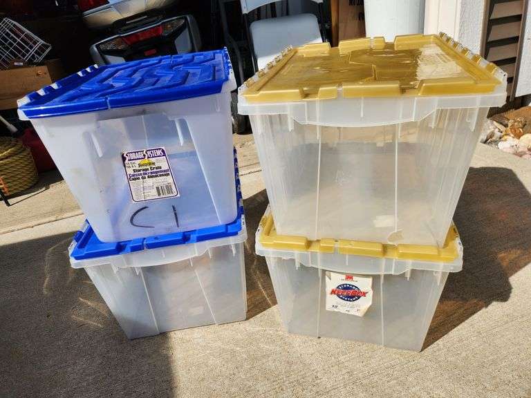 4 stacking storage totes with hinged lids - Auction Ohio