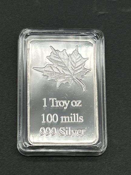 1 Troy Ounce 100 Mills .999 Silver-Plated Bar – Maple Leaf Design - Auction Ohio