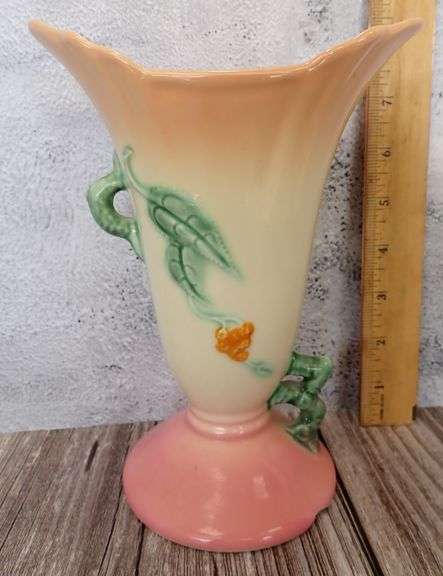 Hull Pottery Woodland Flowers W8 Vase 7.5" Green Vine Handles - Auction ...
