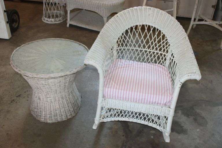 White Wicker Rocker & Table - Auction Ohio