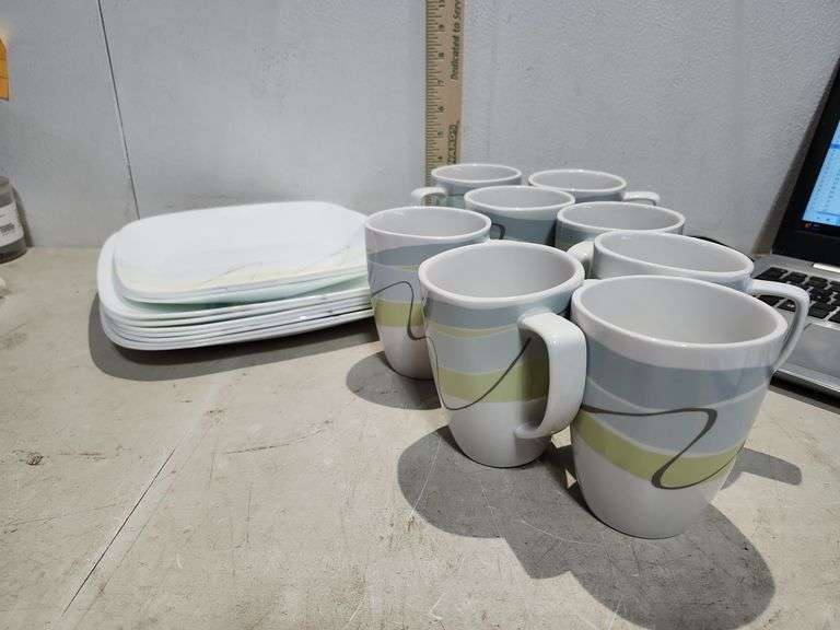 Corelle Square Dishes Three 9'' & Seven 10.5'' And 8 Coffee Mugs ...