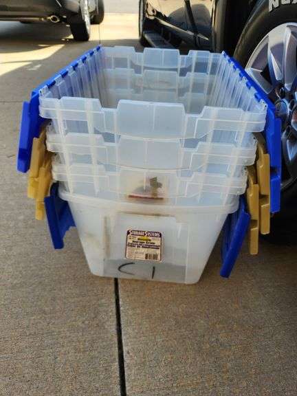 4 stacking storage totes with hinged lids - Auction Ohio