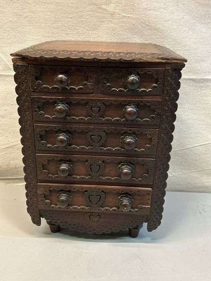 Folk Art Miniature Chest of Drawers with Heart Motif - Auction Ohio
