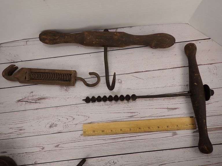 Antique Primitive Oak & Forged Steel Hay Hook, Spring Buckle & Auger ...