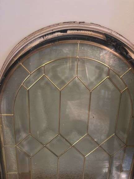 Arched, etched glass window with brass caming - Auction Ohio