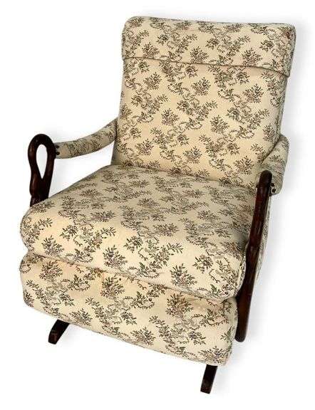 UPHOLSTERED ANTIQUE PLATFORM ROCKING CHAIR. - Auction Ohio