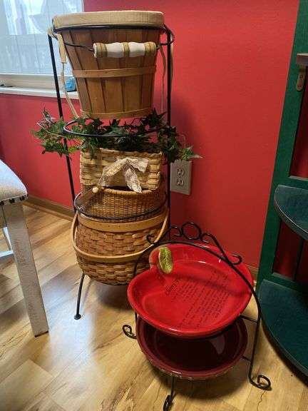 Two Tier Pie Plate Stand And Black Stand With Miscellaneous Baskets ...