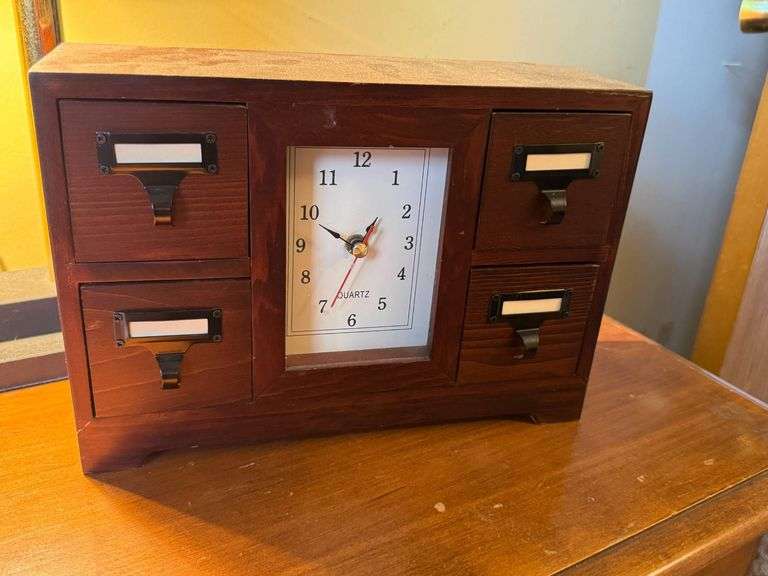 Wooden Quartz Clock With Four Drawers and Vintage Lamp - Auction Ohio