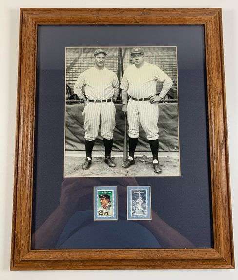 Framed Babe Ruth & Lou Gehrig Photo with Stamps - 1927 Yankees! - Auction Ohio