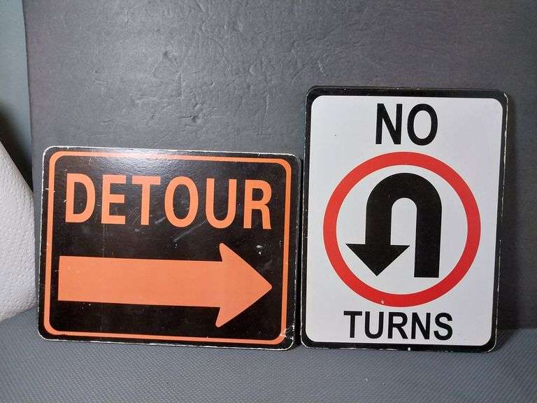 Pair of Vintage Metal Road Signs – Detour & No Turns - Auction Ohio