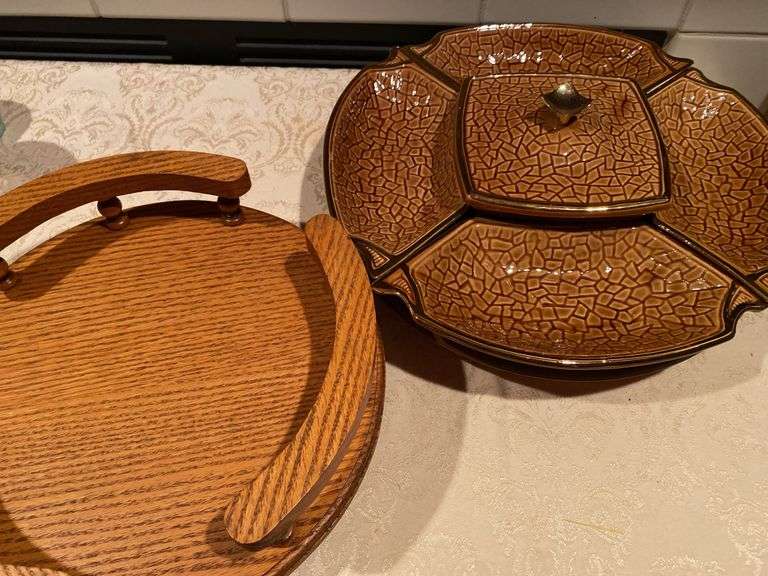 Maurice Of California Chip & Dip Pottery Set And Wooden Lazy Susan With Rails - Auction Ohio