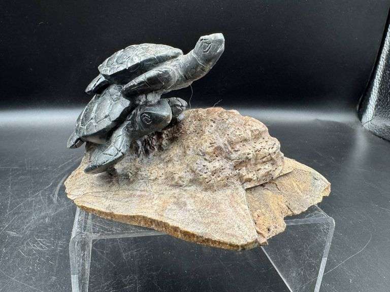 Carved Stone Sculpture of Two Sea Turtles on Rock Base - Auction Ohio