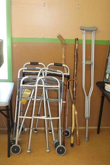 Collection of Mobility Aids Including Two Guardian Walkers, Walking ...